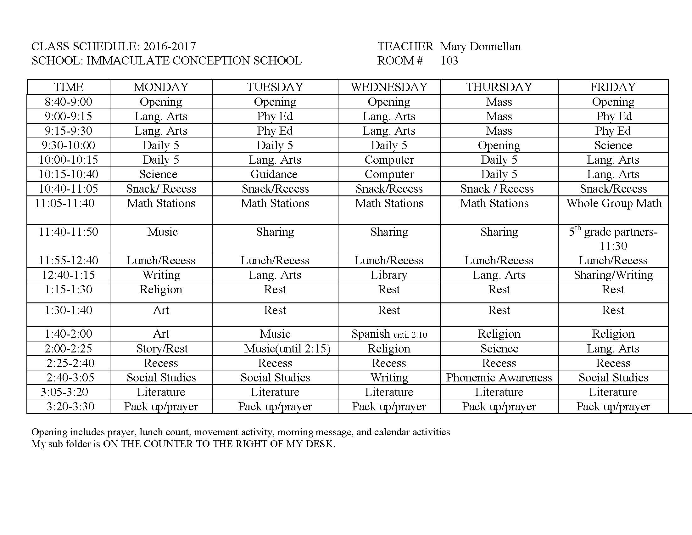 Mary Donnellan - Class Schedules | Regis Catholic Schools
